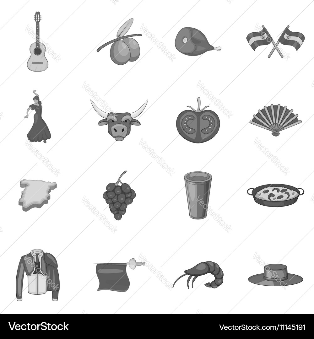 Spain icons set gray monochrome style Royalty Free Vector