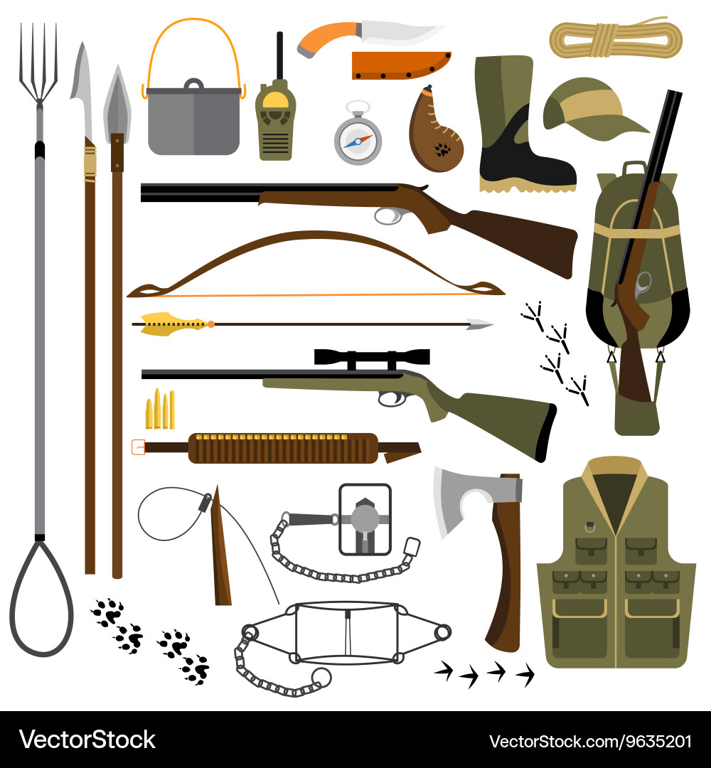 Flat of hunting gear and Royalty Free Vector Image