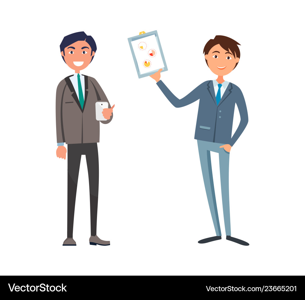 Man showing business plan to manager with cell Vector Image