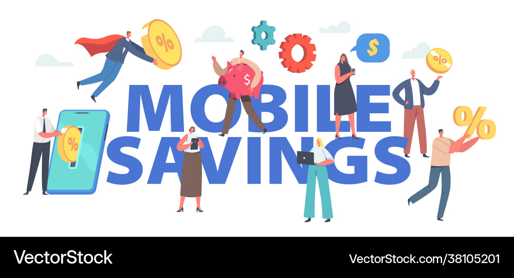 Mobile savings concept tiny male and female Vector Image