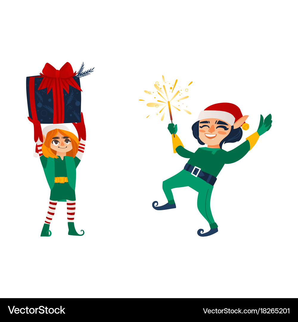 Two christmas elves with a present and sparkler Vector Image