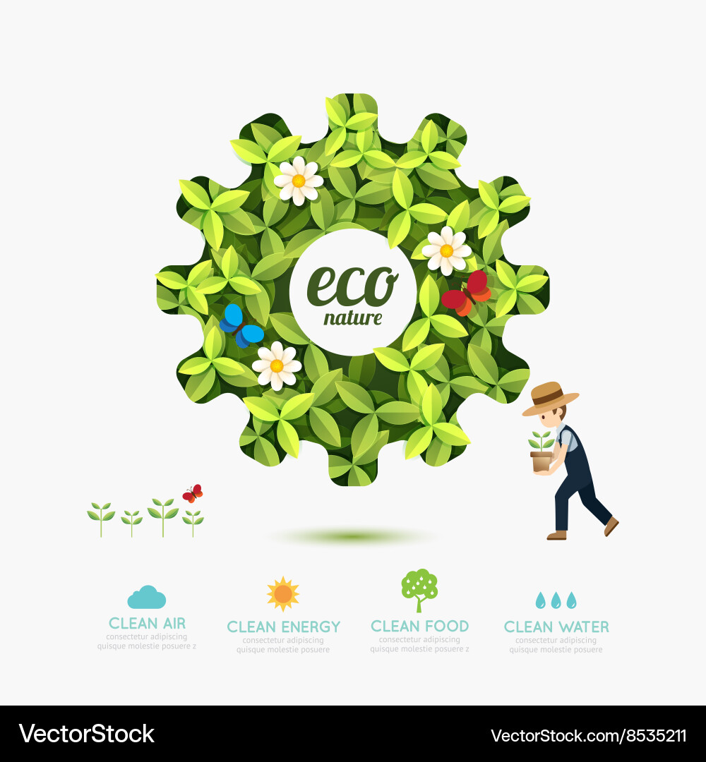 Ecology infographic green gear shape with farmer Vector Image