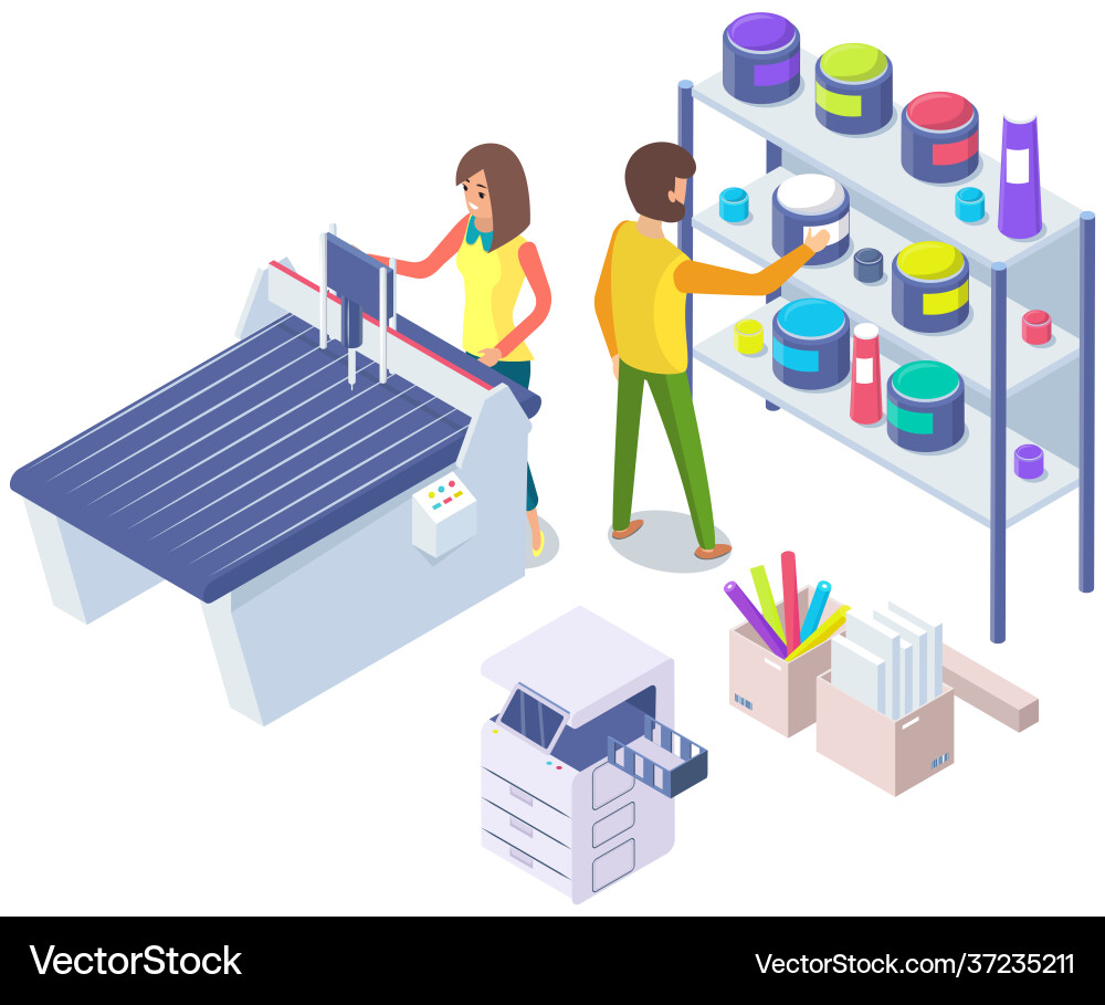 People working with equipment and shelving Vector Image