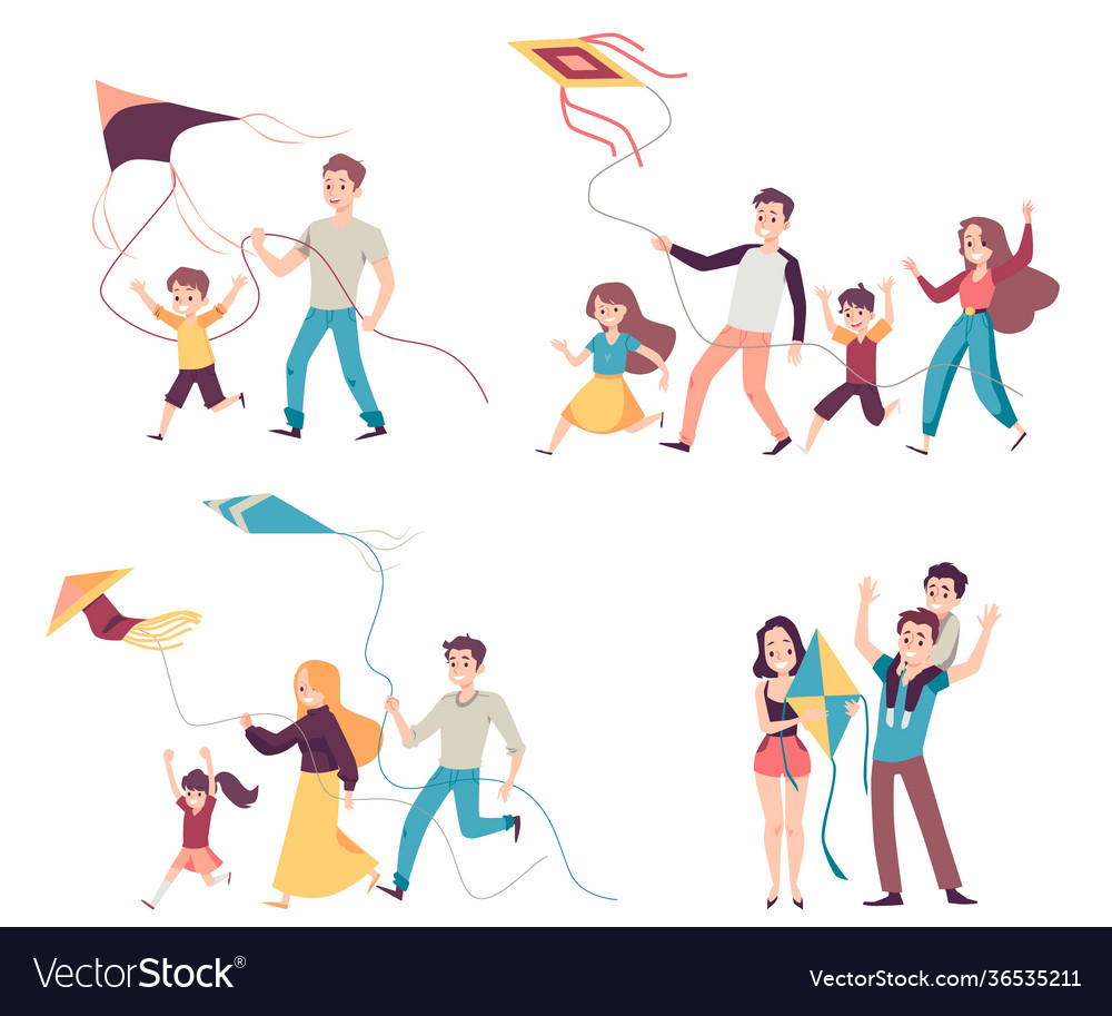 Set happy family members flying a kite flat Vector Image