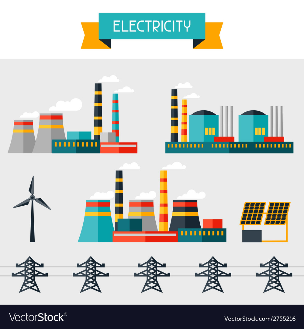 Electricity set of industry power plants in flat Vector Image