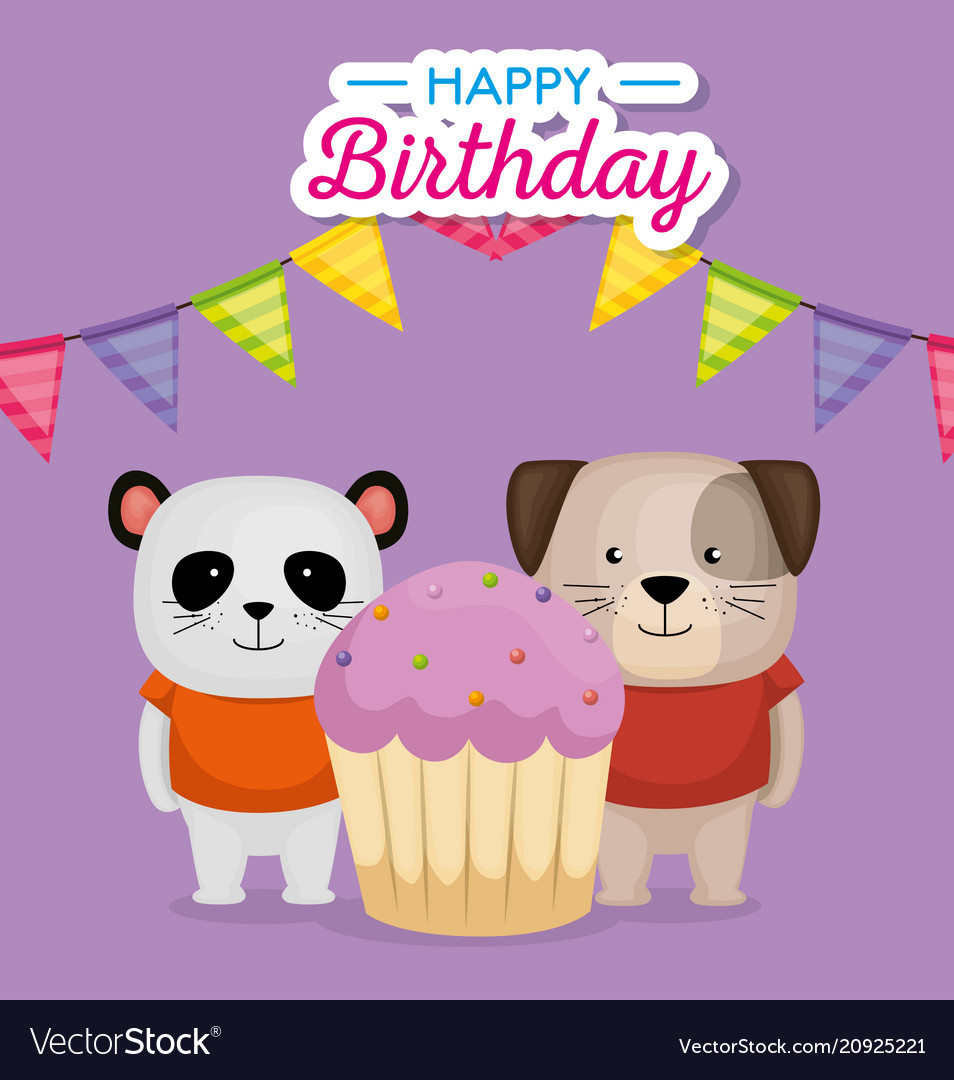 Happy birthday card with cupcake and cute animals Vector Image