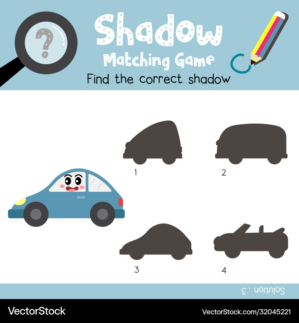 Shadow matching game car cartoon character side Vector Image