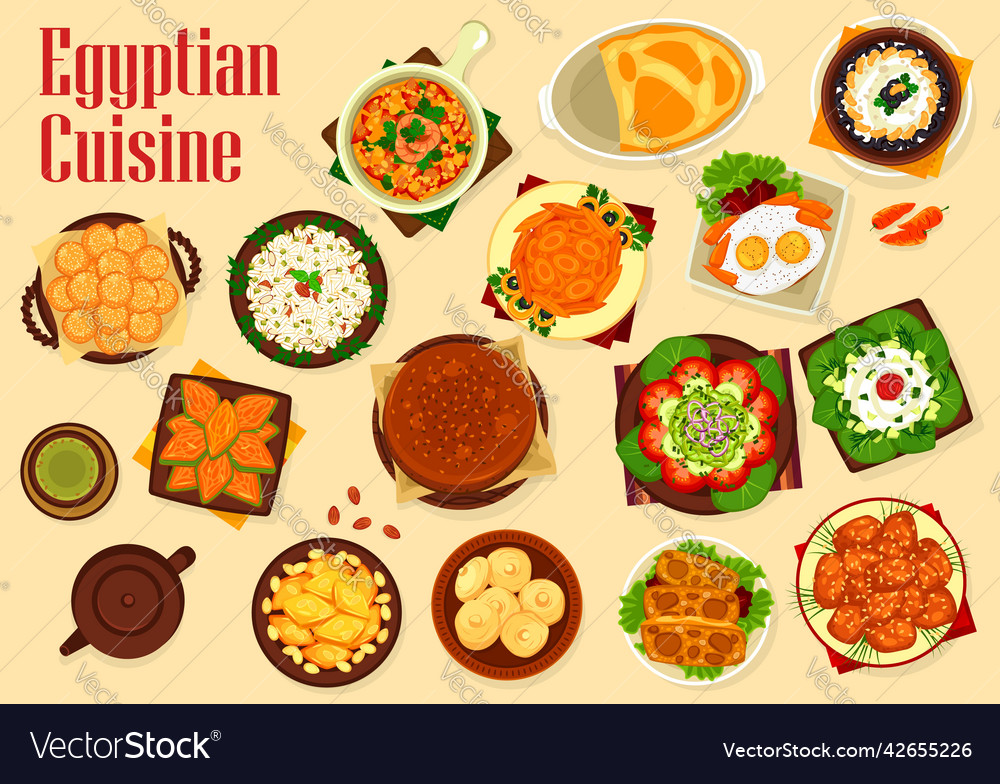 Egyptian cuisine food arabian desserts and salads Vector Image