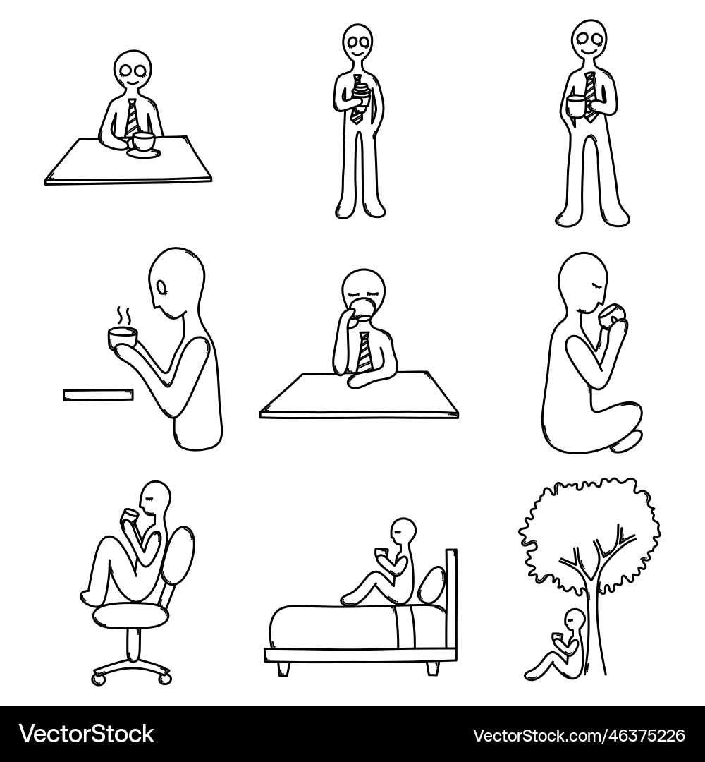 Person drinking coffee doodle icon set drawing Vector Image