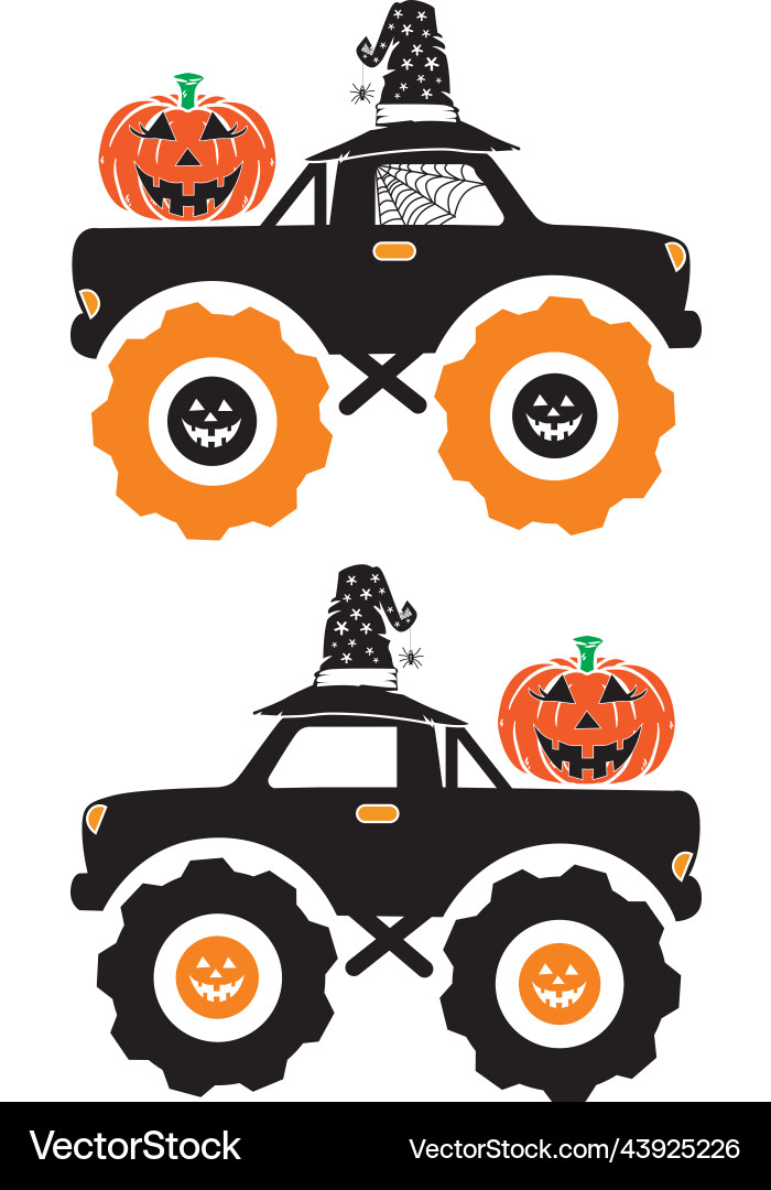 Pumpkin truck witch hat happy halloween Royalty Free Vector