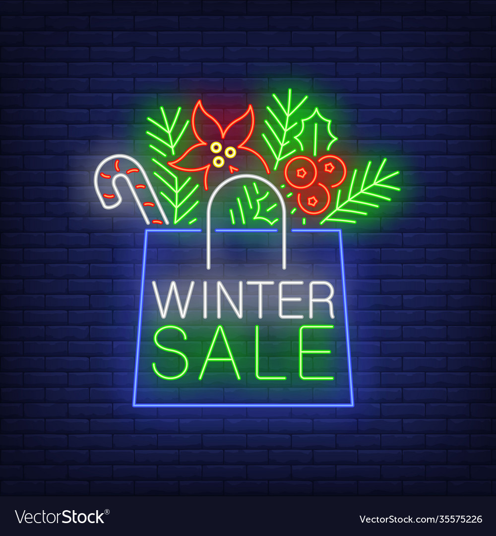 Winter sale paper bag neon sign Royalty Free Vector Image