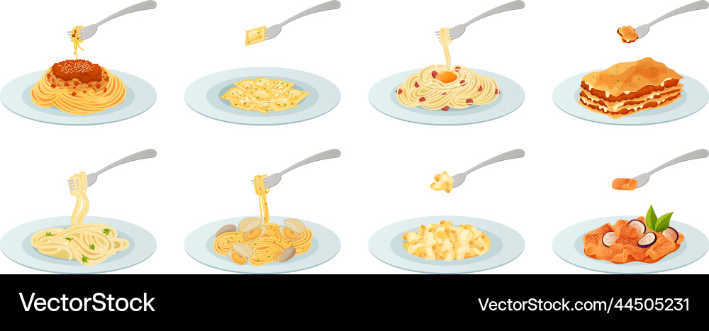 Cartoon pasta dishes carbonara with egg Royalty Free Vector