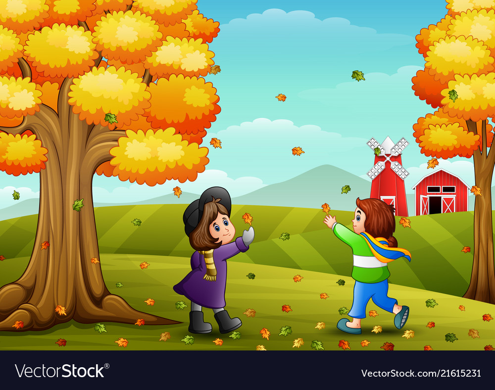 Cute two kids playing with autumn leaves Vector Image