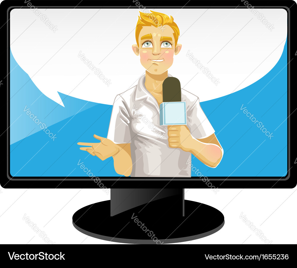 Blond reporter boy with speak bubble on tv Vector Image