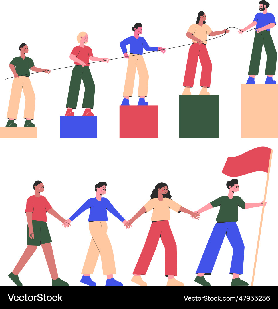 Follow the leader with people walk holding string Vector Image