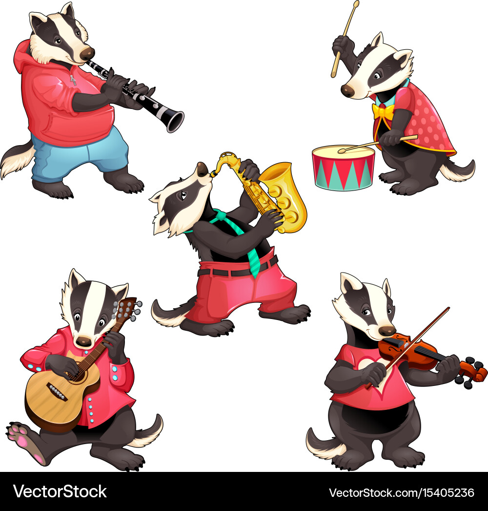 Group funny badgers are playing music Royalty Free Vector