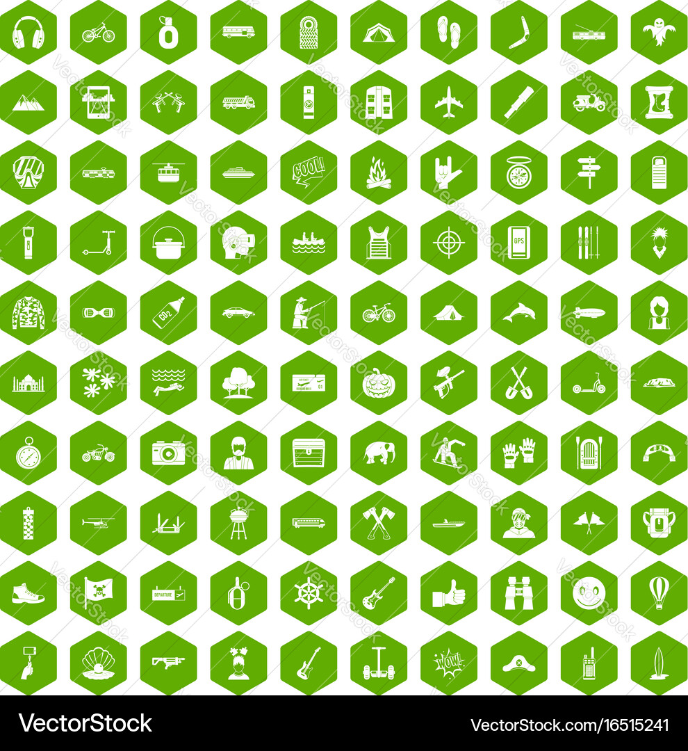 100 adventure icons hexagon green Royalty Free Vector Image