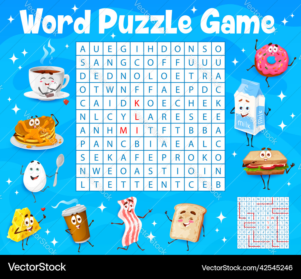 Cartoon breakfast characters word search puzzle Vector Image