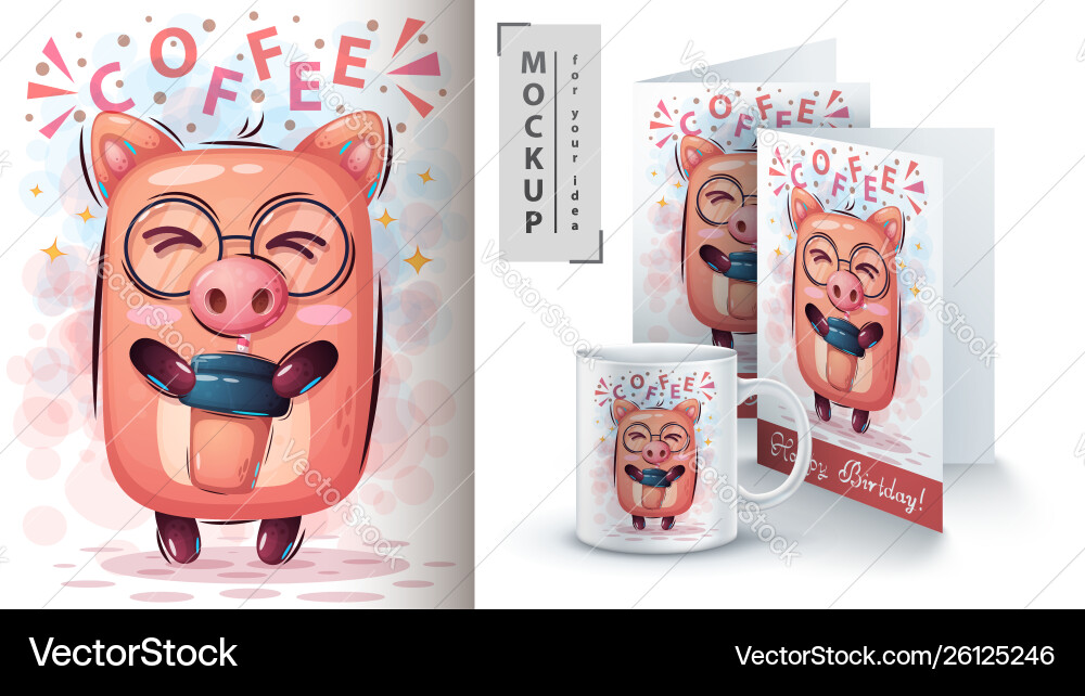 Pig with coffee - mockup for your idea Royalty Free Vector