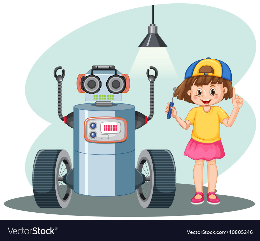 Young girl fixing a robot Royalty Free Vector Image Young girl fixing a robot Royalty Free Vector Image