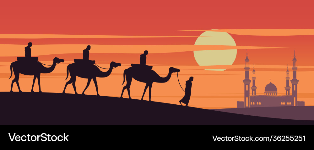 Caravan muslim ride camel to mosque dubai Vector Image