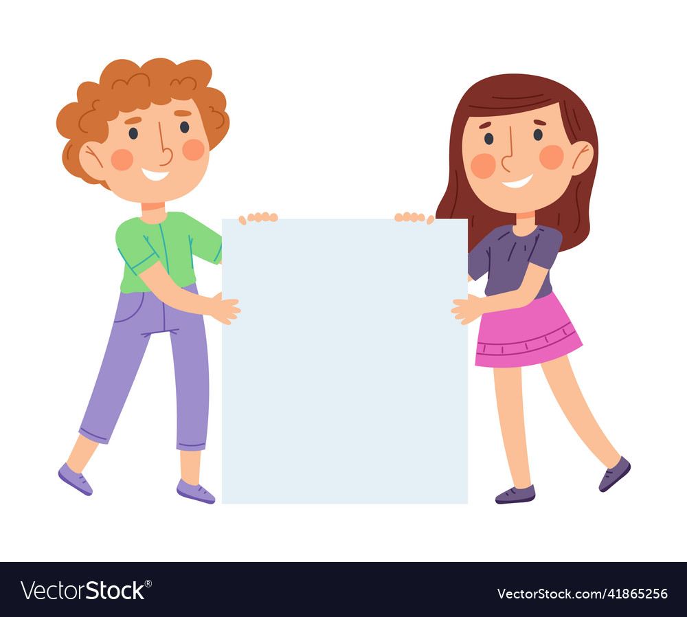 Cartoon kids holding blank banner boy and girl Vector Image