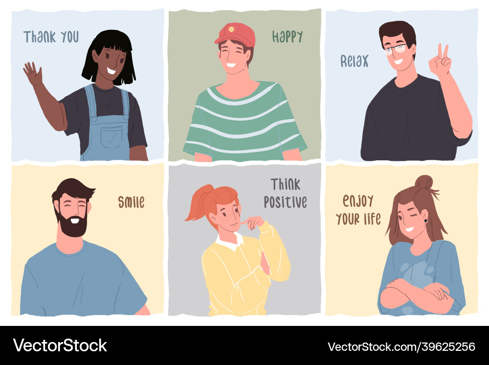 Flat cartoon happy characters setpositive slogans Vector Image