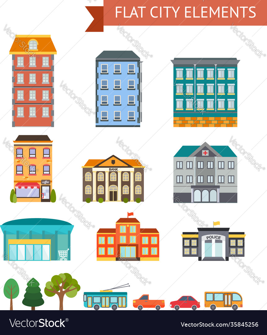 Flat city elements Royalty Free Vector Image - VectorStock