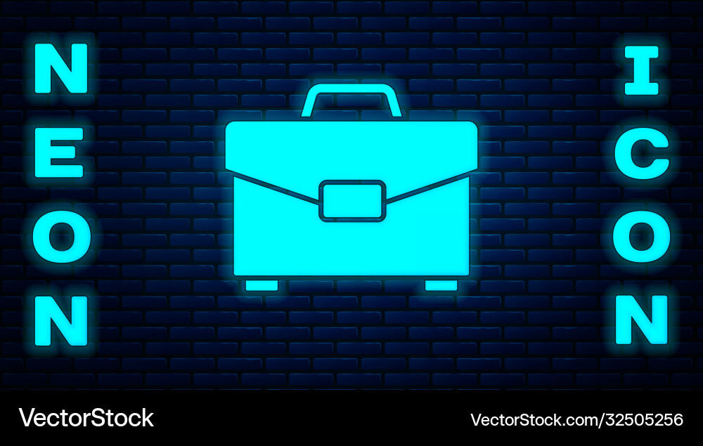 Glowing neon briefcase icon isolated on brick wall