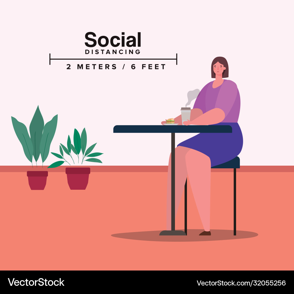 Social distancing woman on table with coffee Vector Image