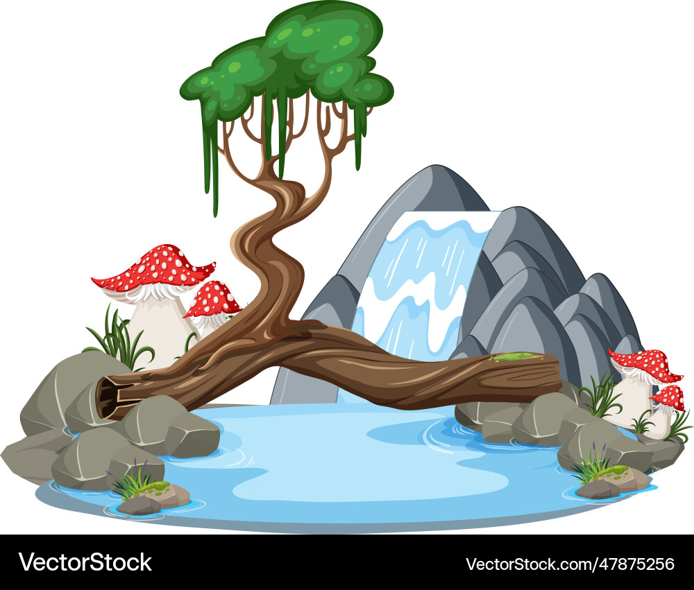 Waterfall with tree in cartoon style Royalty Free Vector