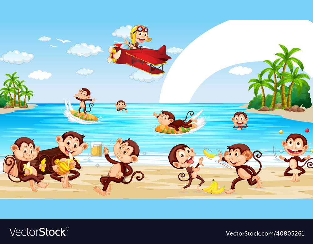 Beach scene with little monkeys doing different Vector Image