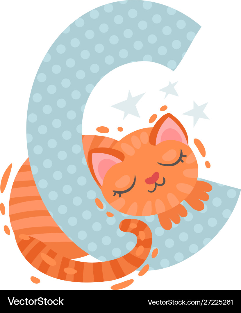 Cartoon cat sleeps on letter c Royalty Free Vector Image
