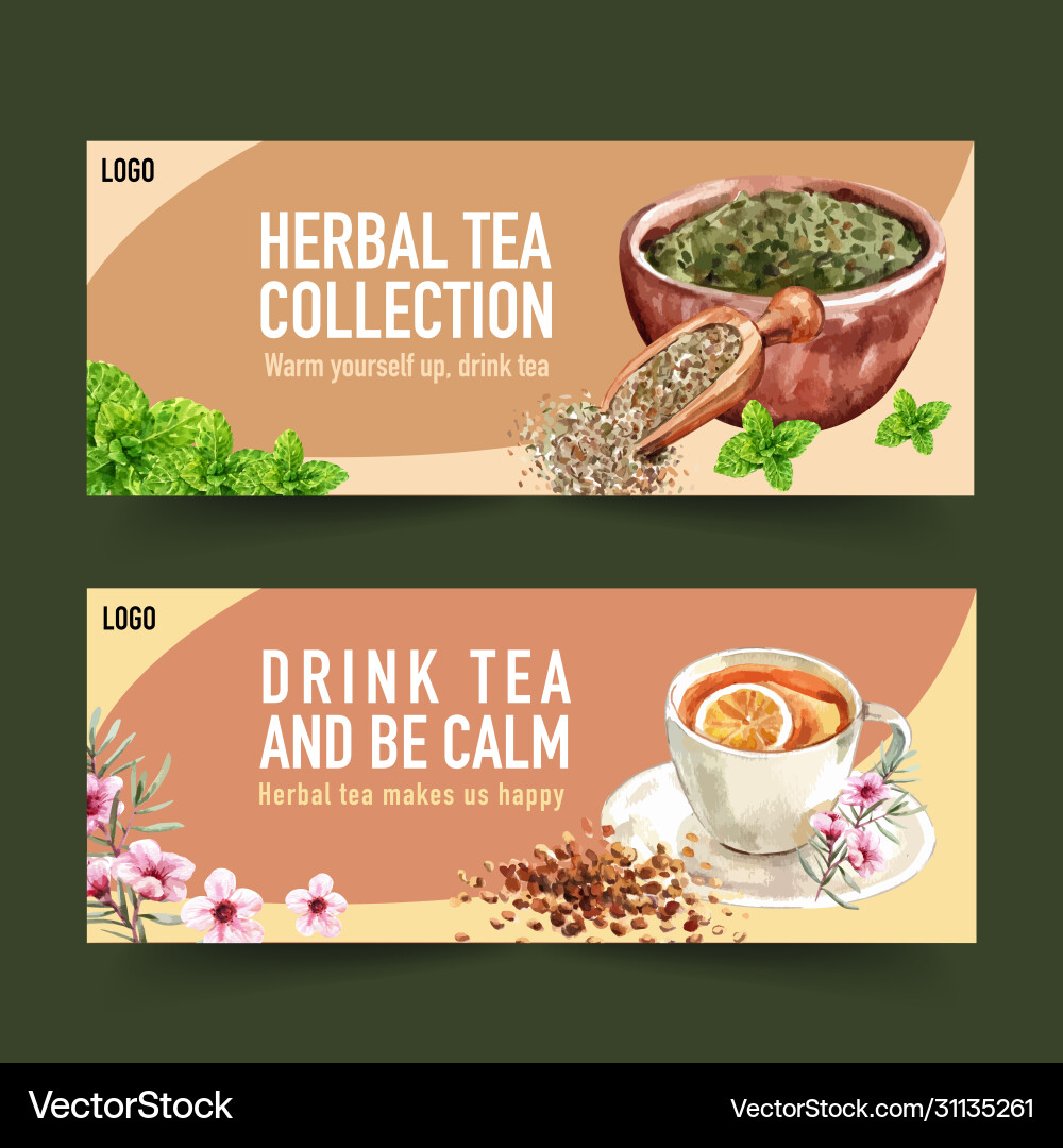 Herbal tea banner design with mint peach flower Vector Image