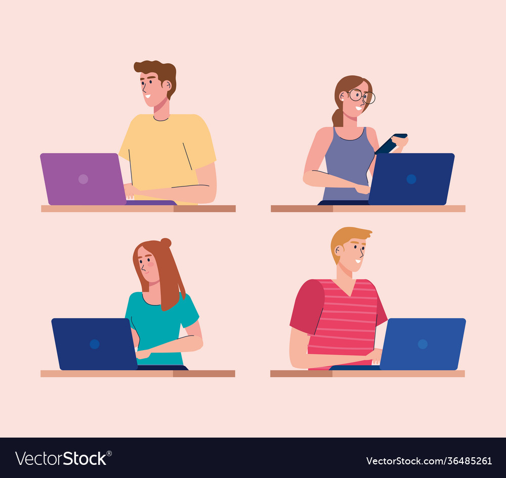 Young four persons using laptops technology Vector Image