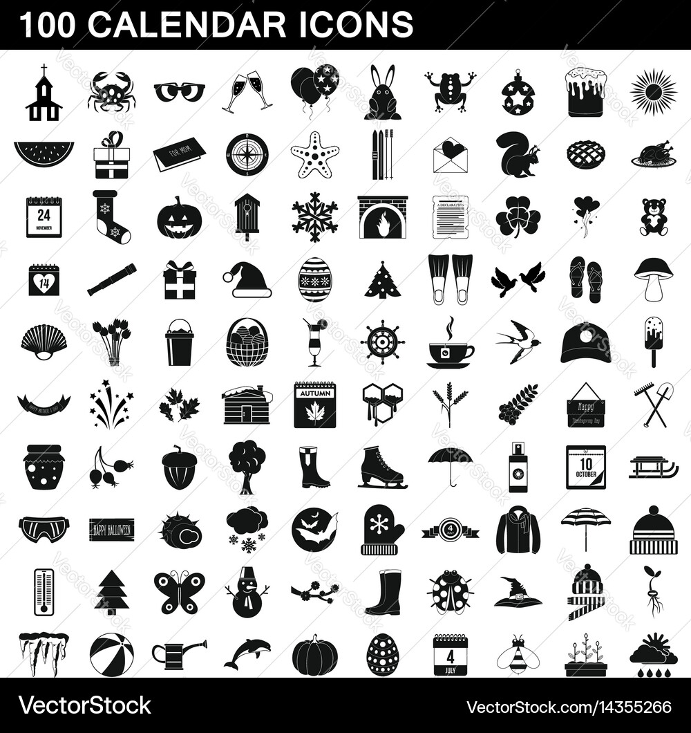 100 calendar icons set simple style Royalty Free Vector