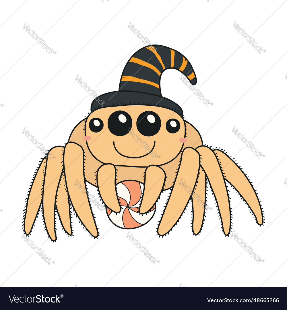 Cute jumping spider in witch hat with candy Vector Image