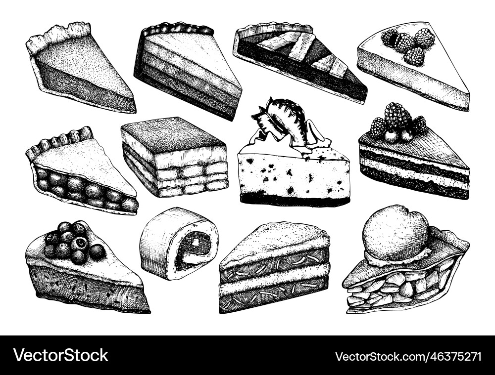 Digital detailed line art sliced cake Royalty Free Vector