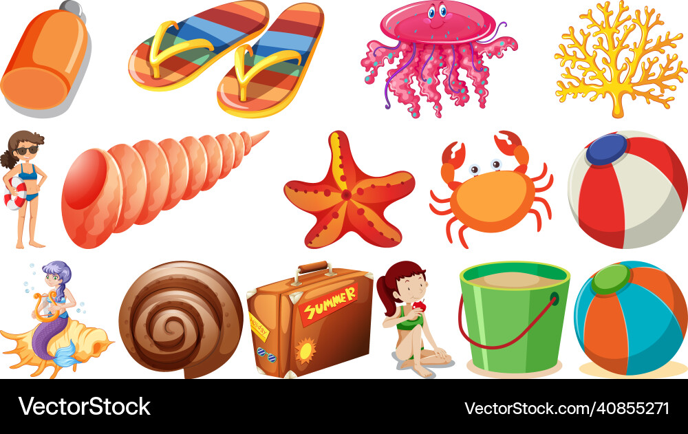 Set of summer beach objects and cartoon characters