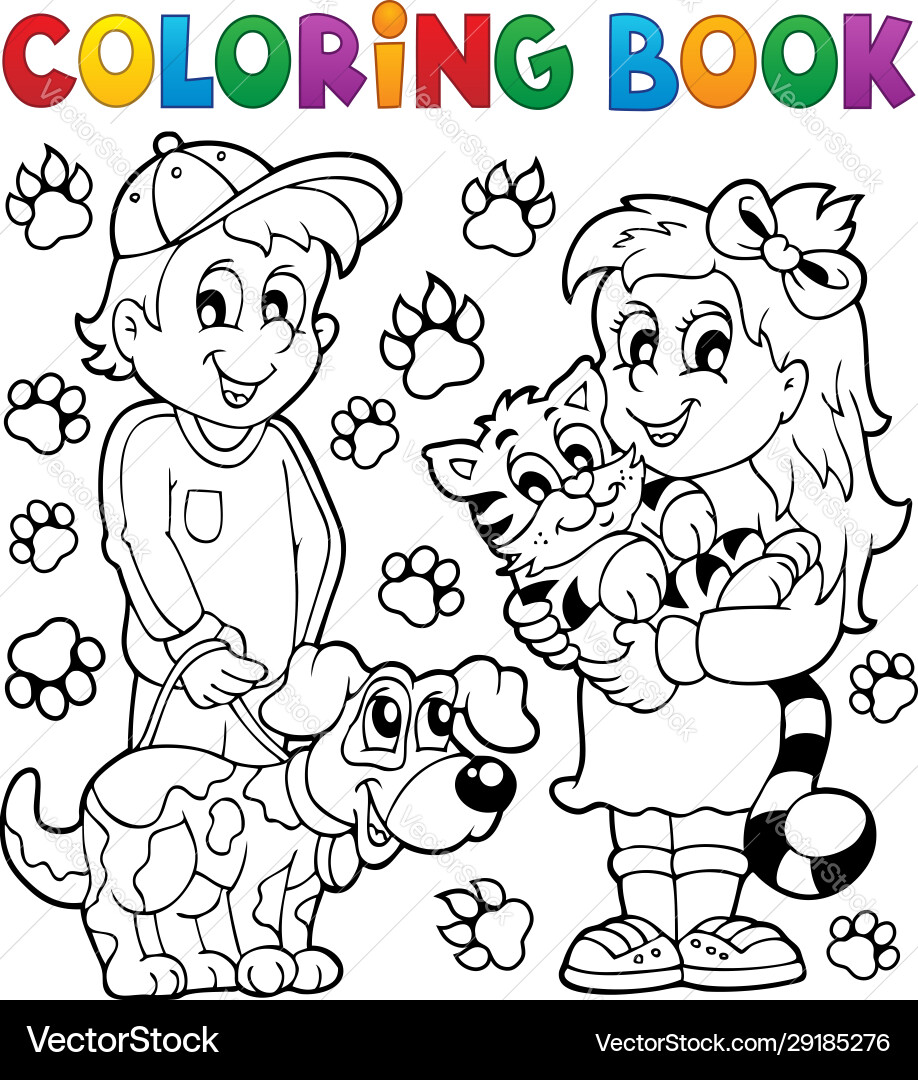 Coloring book children with pets Royalty Free Vector Image