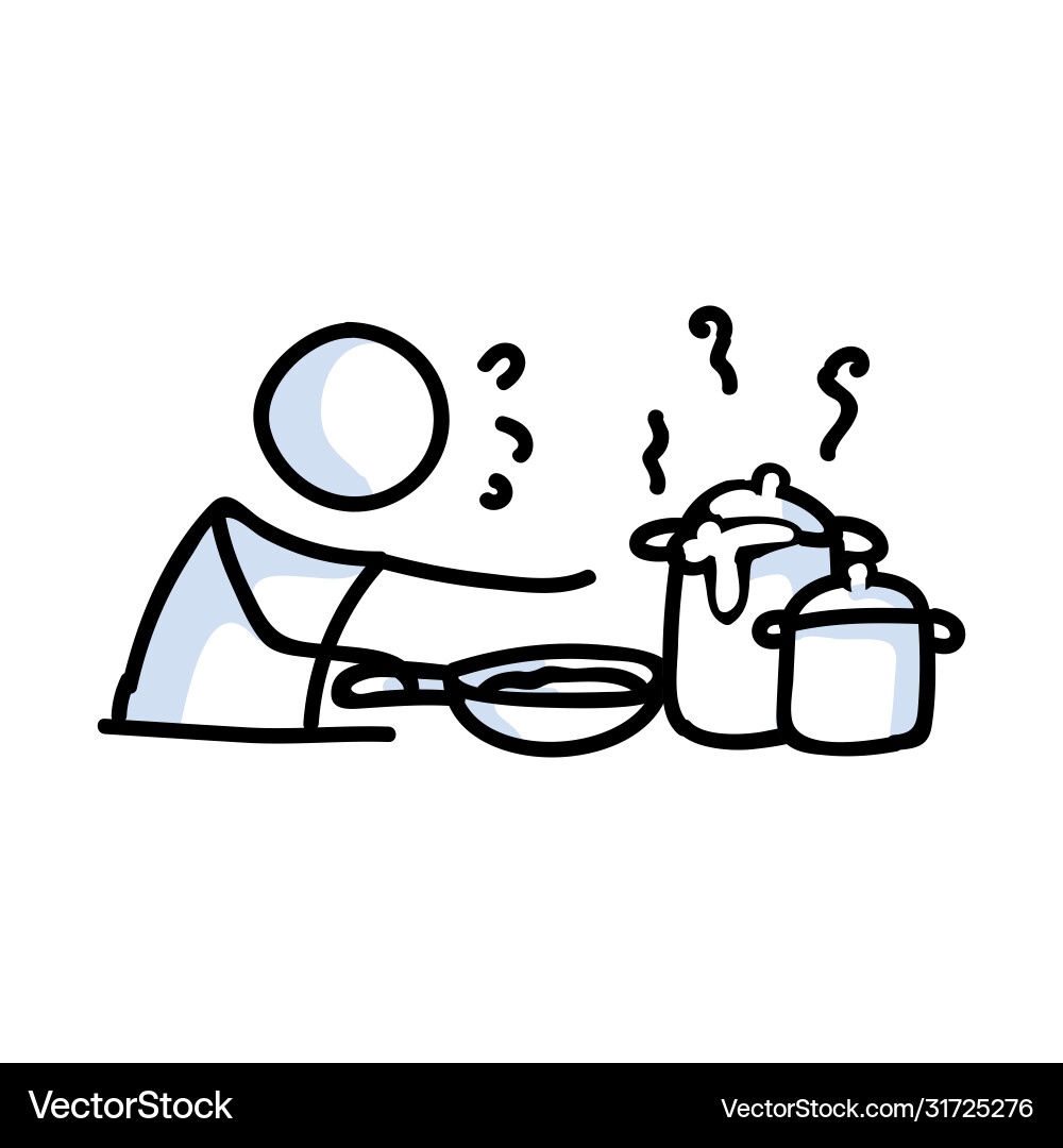 Cute stick figure cooking with overflowing pots Vector Image