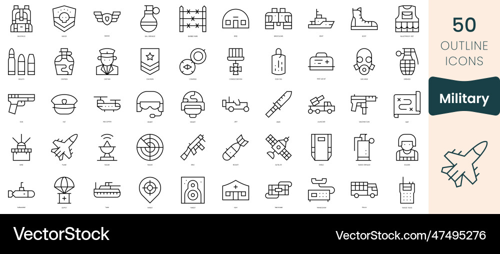 Set of military icons thin linear style pack Vector Image