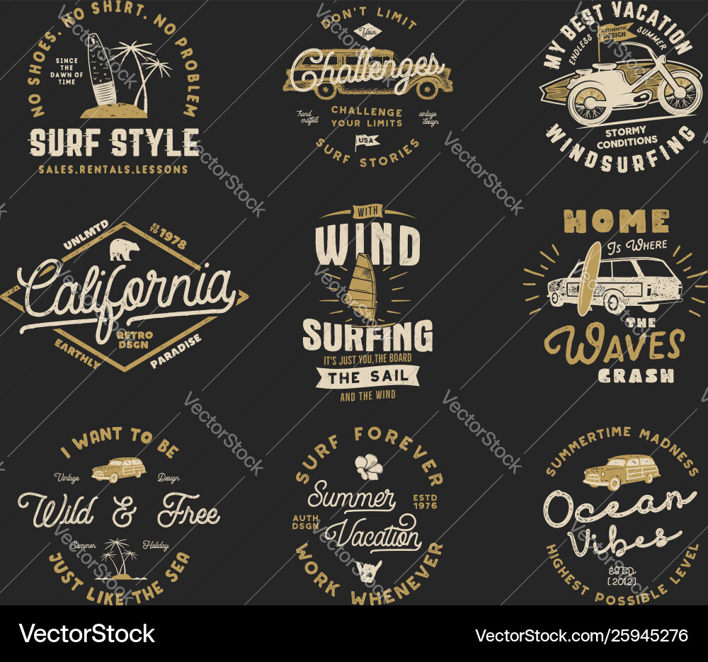 Vintage surfing graphics set and emblems for web Vector Image