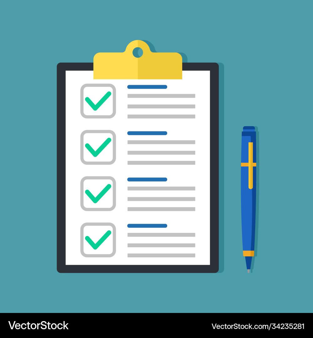 Clipboard with green ticks checkmarks and pen Vector Image