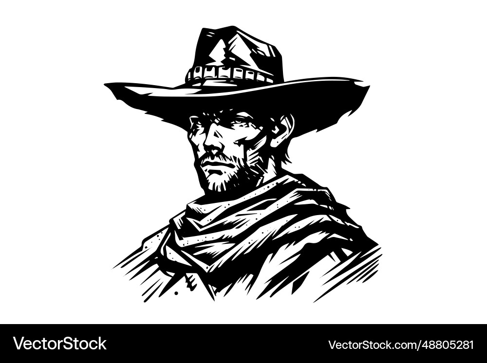 Cowboy sheriff bust or head on hat in engraving Vector Image