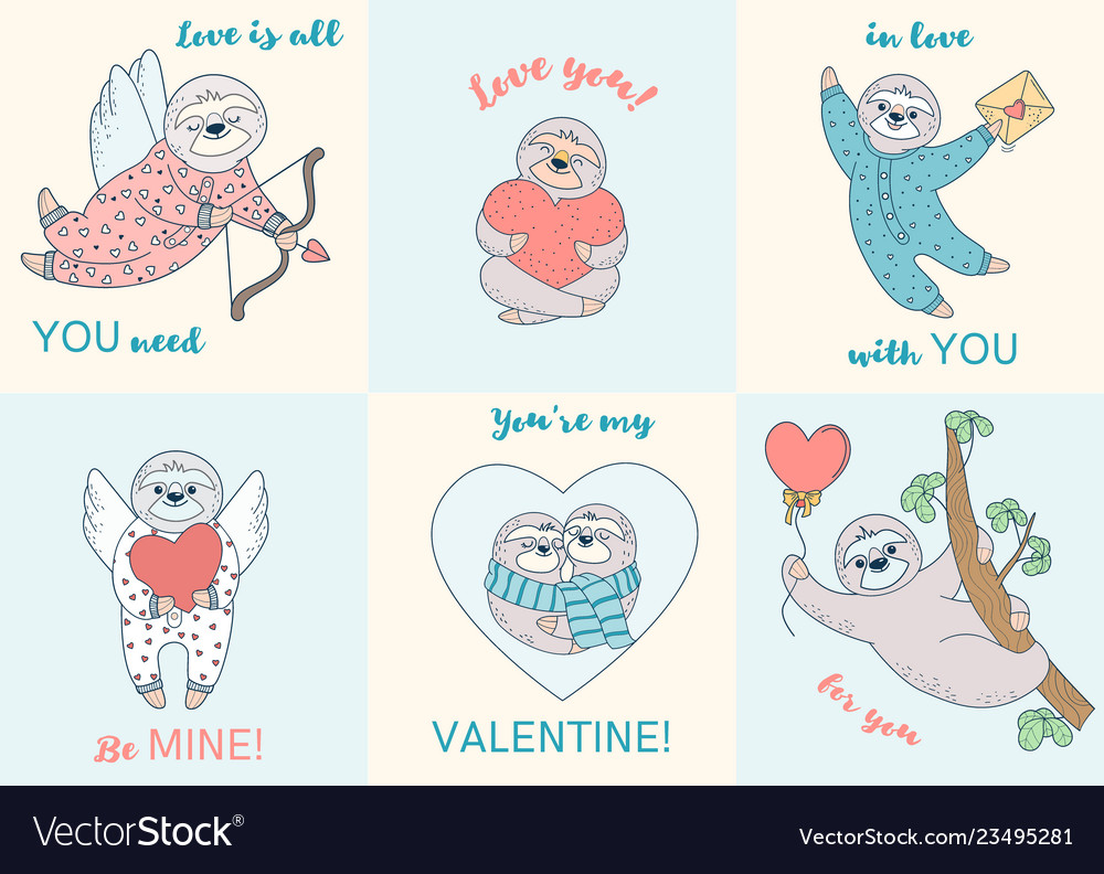 Set cards with valentine sloths Royalty Free Vector Image