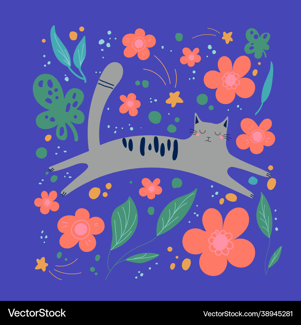 Stylish hand-drawn square shaped poster with cat Vector Image