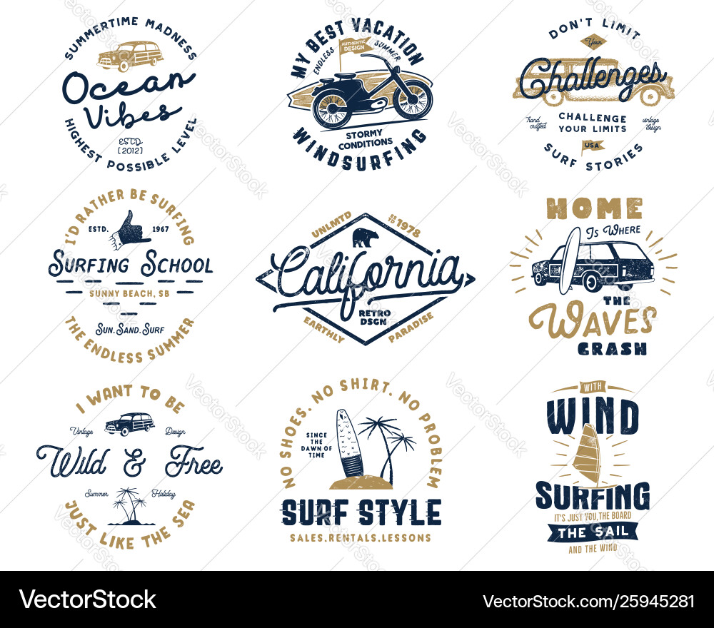 Vintage surfing graphics set and emblems for web Vector Image