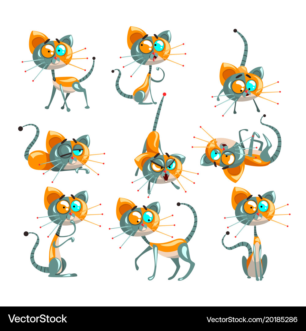 Cute robotic cat set funny robot animal Royalty Free Vector