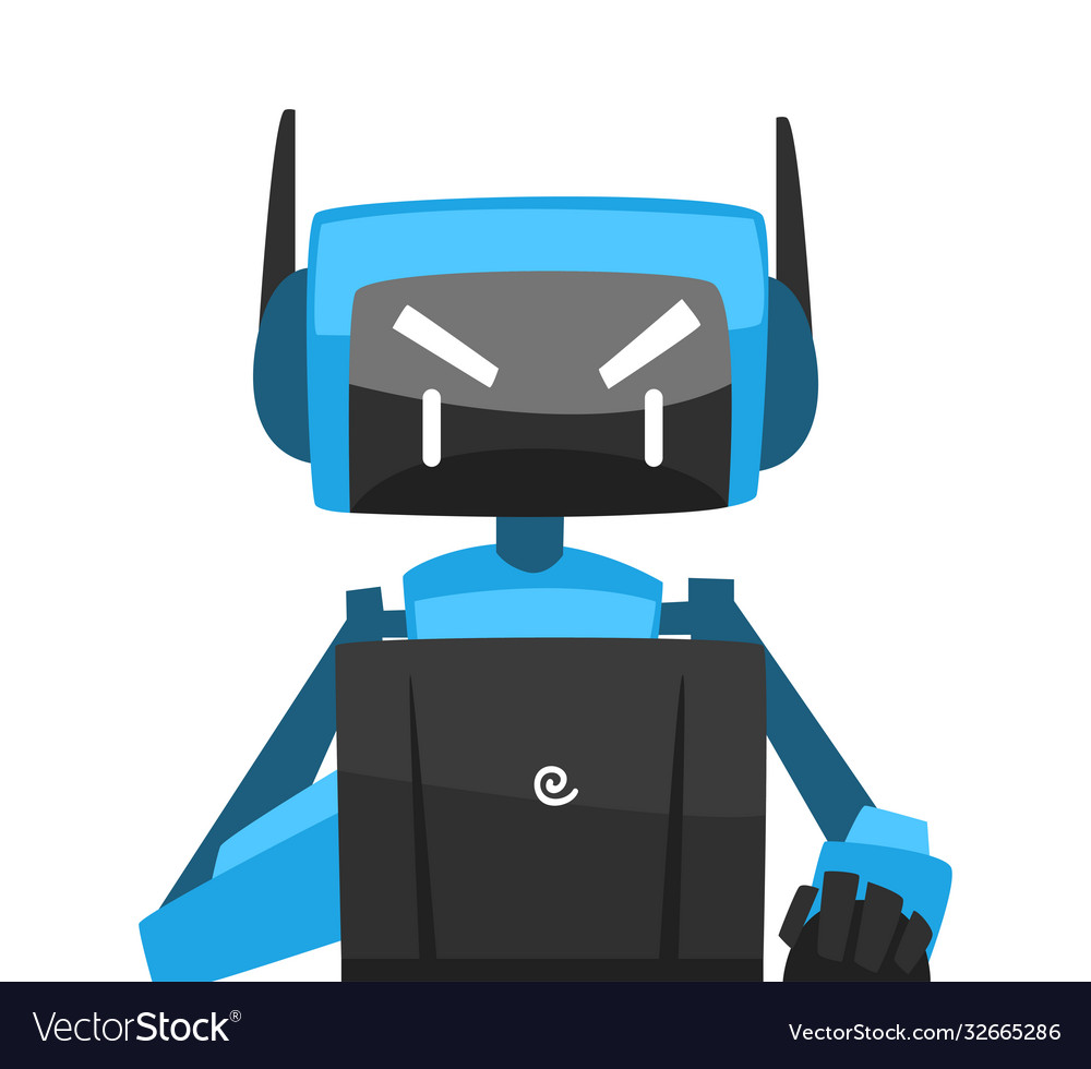 Robot sitting in front computer android Royalty Free Vector
